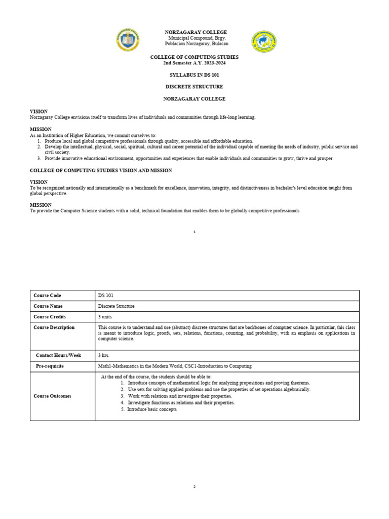 DS 101: Discrete Structures Syllabus | PDF | Mathematical Proof ...