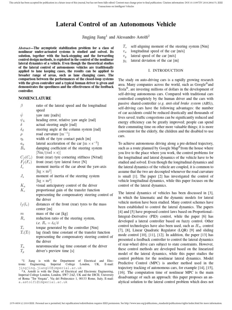 Lateral Control of An Autonomous Vehicle | Download Free PDF | Force ...