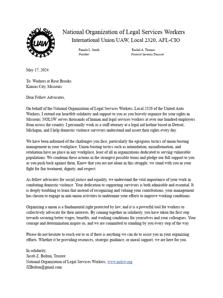 Nolsw Solidarity Letter For Missouri Workers at Rose Brooks | PDF ...