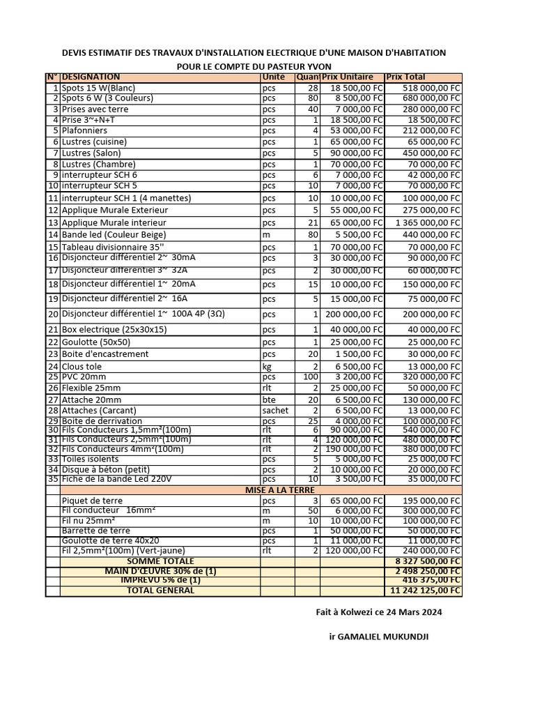 Devis Electricite | PDF | Électrotechnique | Énergie électrique