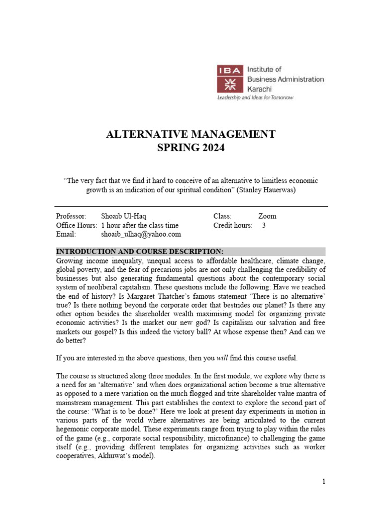 2024 Alternative MNGMT - Shoaib | PDF | Learning | Capitalism