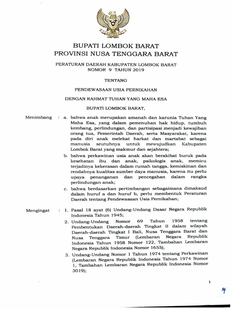 Perda 9 TH 2019 Pendewasaan Usia Pernikahan | PDF