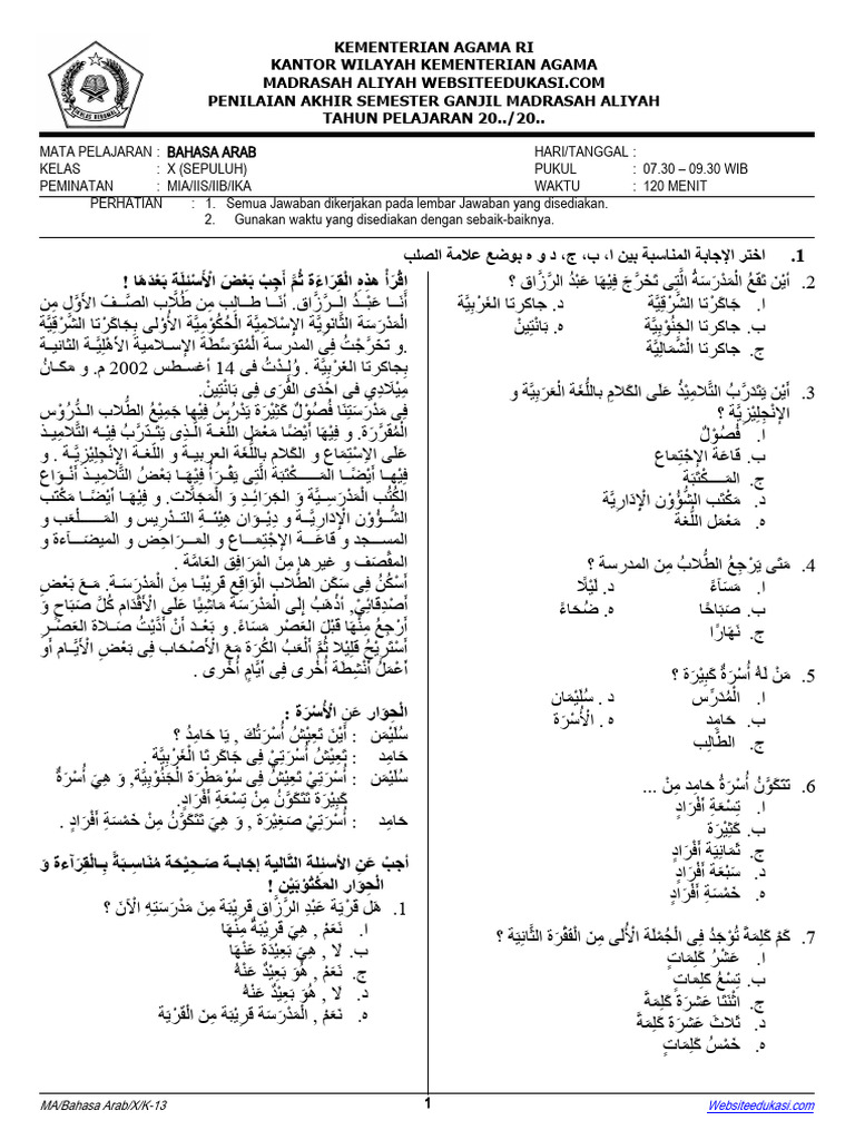 Soal PAS B.arab Kelas X K13 | PDF