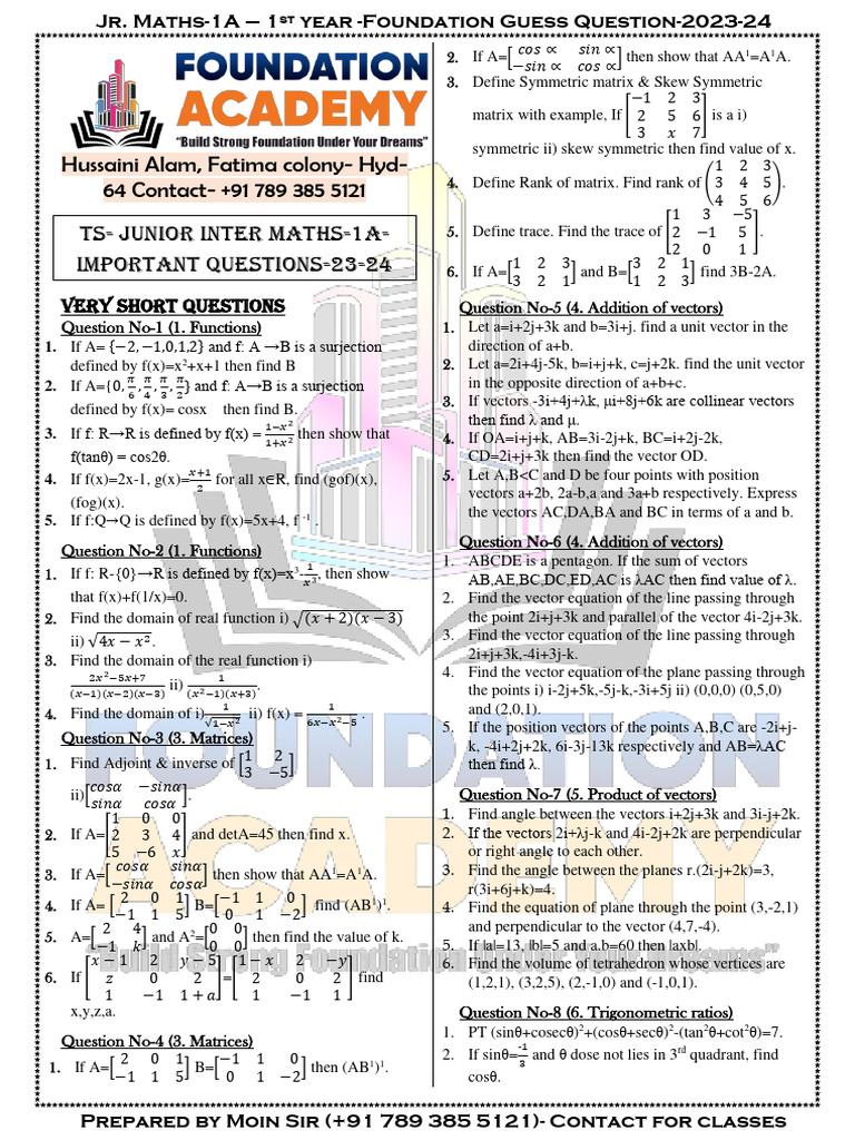 Jr. Maths-1A Foundation Revision | PDF | Matrix (Mathematics) | Mathematics