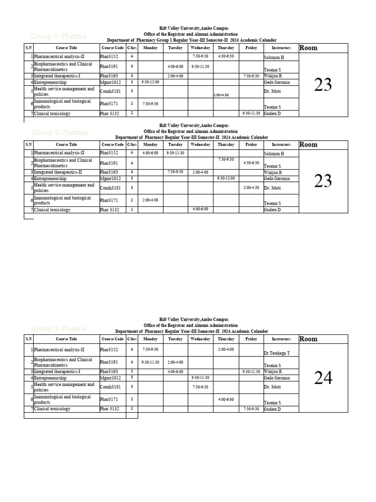 Rift Valley University Course Schedule 2024 | PDF | Pharmacology | Pharmacy