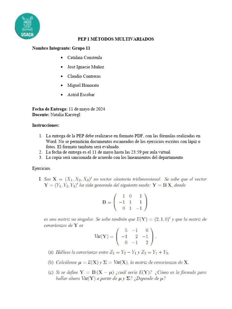 PEP 1 MÉTODOS MULTIVARIADOS GRUPO 11 r.2 | PDF | Análisis de variación | Estadísticas