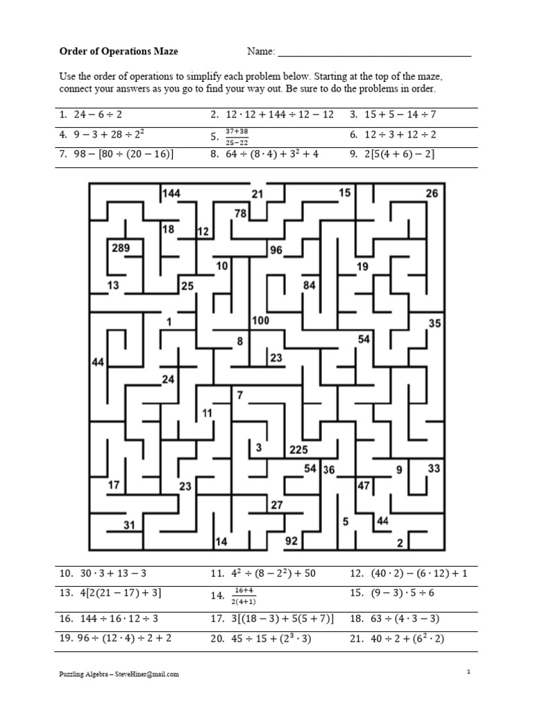 Order of Operations Maze | PDF | Equations | Angle