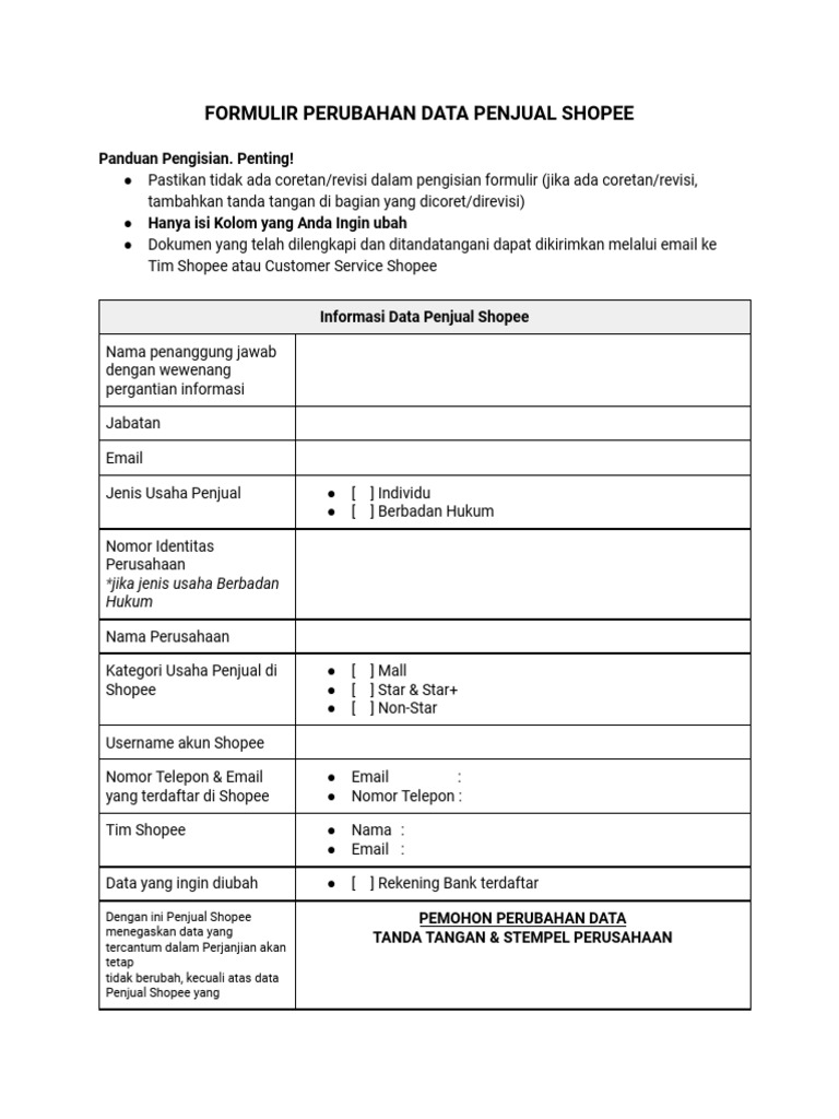 Formulir Perubahan Data Penjual Shopee | PDF