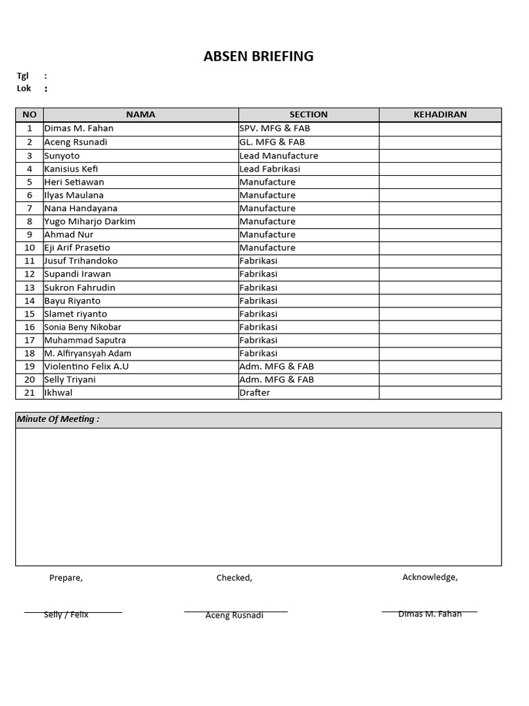 Form Absen Briefing | PDF