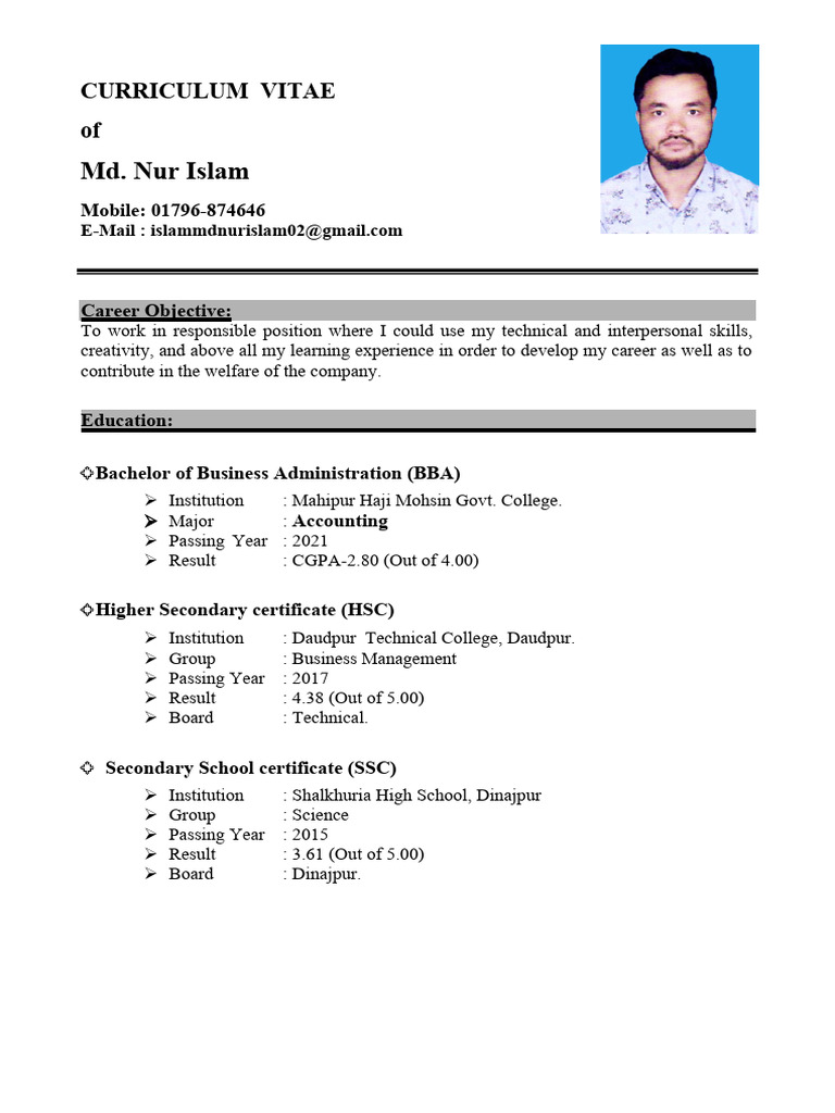 Md. Nur Islam's CV: BBA Graduate | PDF