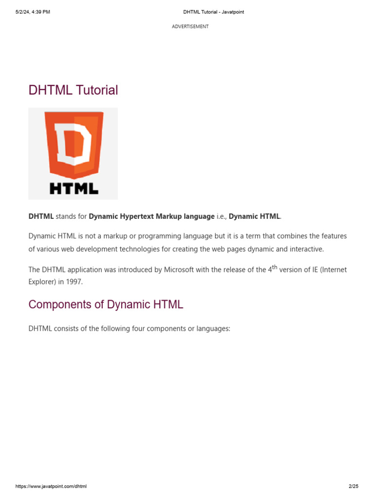 Dhtml Tutorial Javatpoint Pdf Dynamic Html Document Object Model