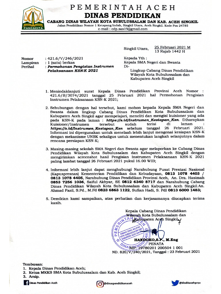 Permohonan Pengisian Instrumen Pelaksanaan KSN-K 2021 | PDF