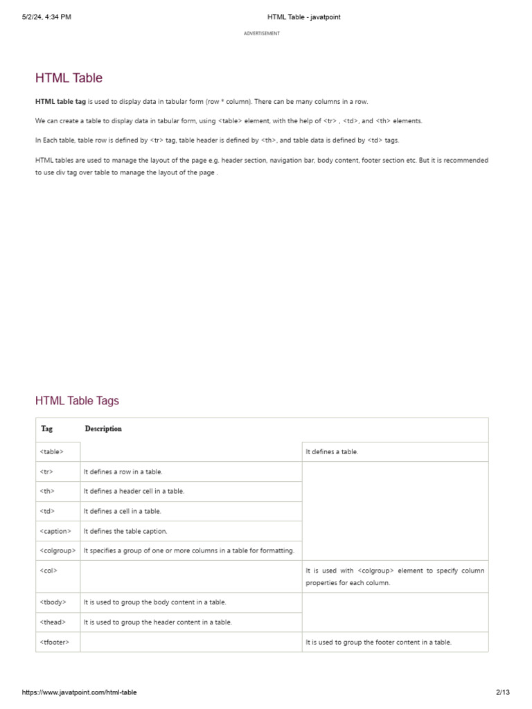 HTML Table - Javatpoint | PDF | Html Element | Html