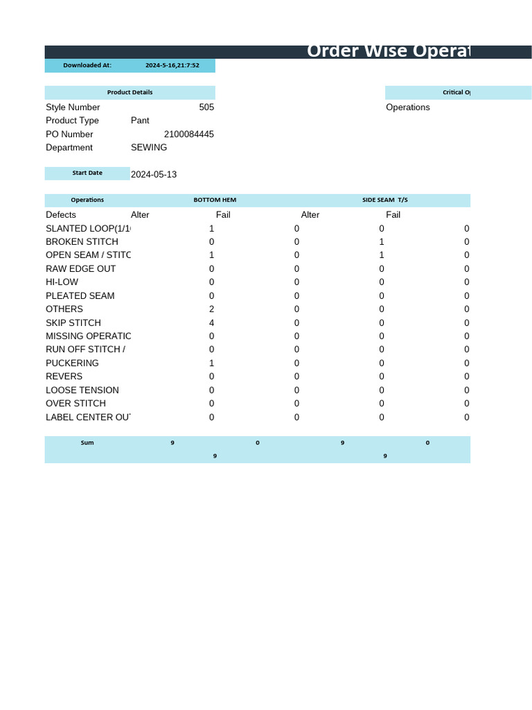 Order Wise Operation Defect Report | PDF | Seam (Sewing) | Sewing