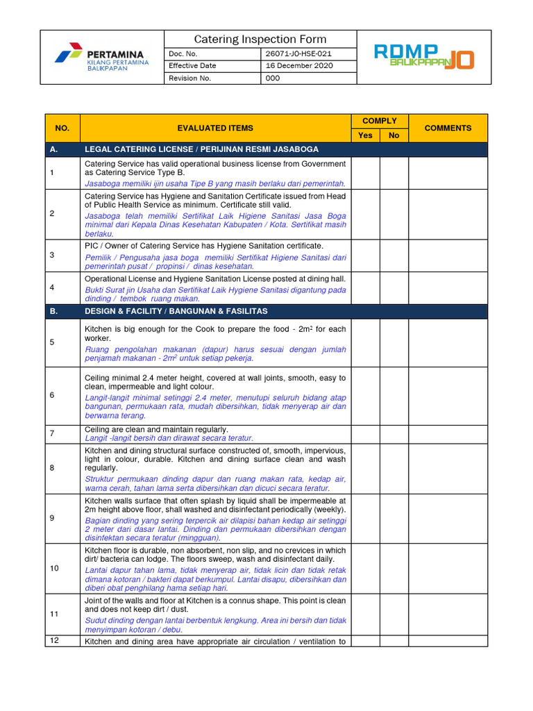 26071-JO-HSE-021 Catering Inspection Form PDF | PDF