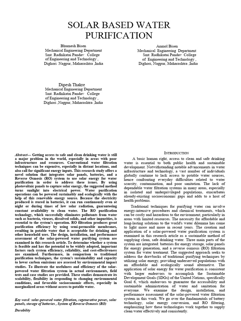 Solar Based Water Purification System | PDF | Water Purification | Water