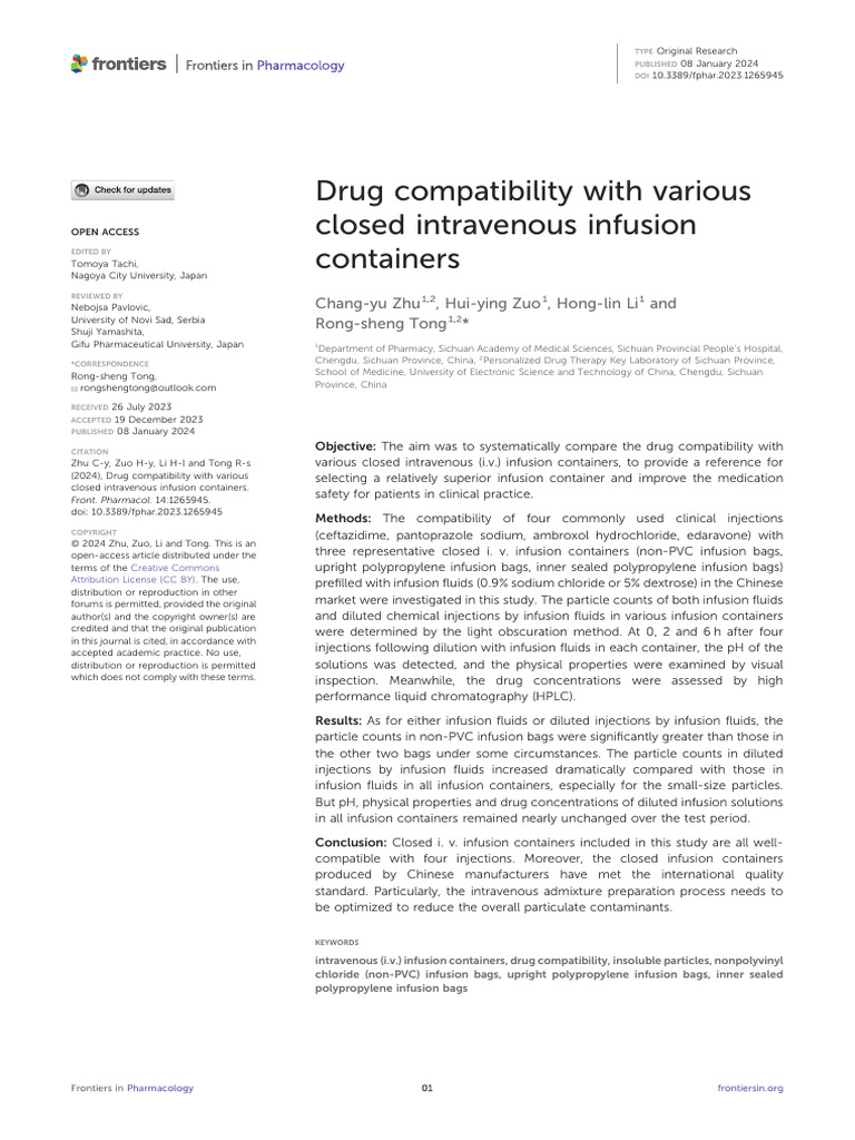 Drug Compatibility With Various Closed Intravenous Infusion Containers ...