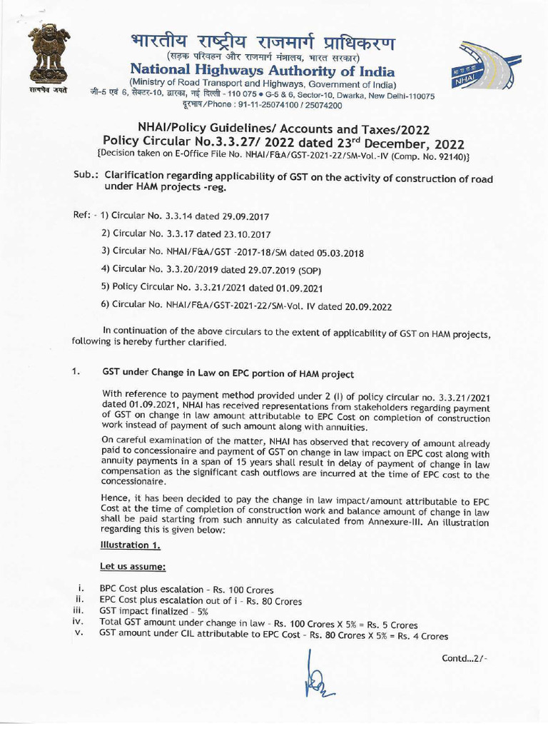 NHAI Circular GST On HAM 3.3.27 - Compressed | PDF