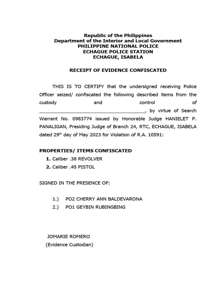 Evidence Receipt for Confiscated Firearms | PDF