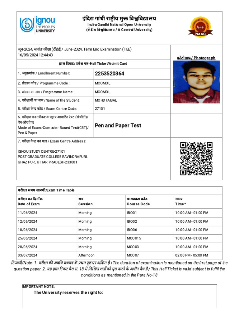 IGNOU June-2024 - HALL TICKET - ADMIT CARD | PDF