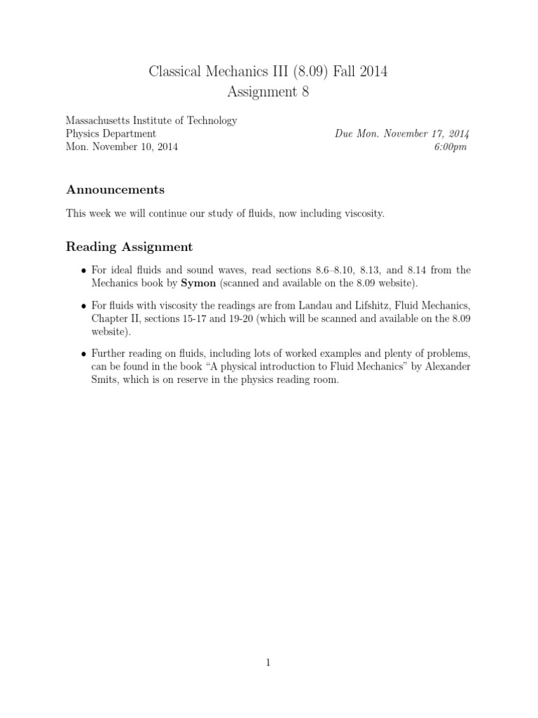 MIT8 09F14 Pset8 | PDF | Vortices | Dynamics (Mechanics)