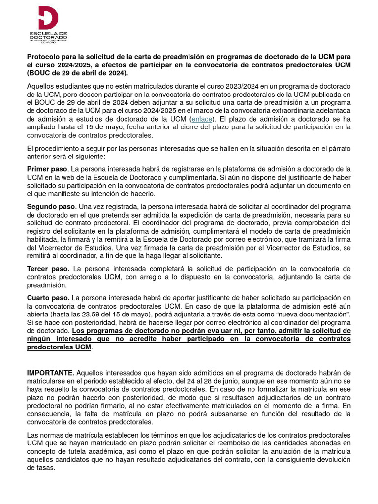 Protocolo Solicitud Carta Preadmision Programas Doctorado Ucm Curso ...