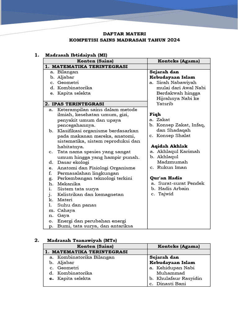 Daftar Materi Kompetisi Sains Madrasah Tahun 2024 | PDF