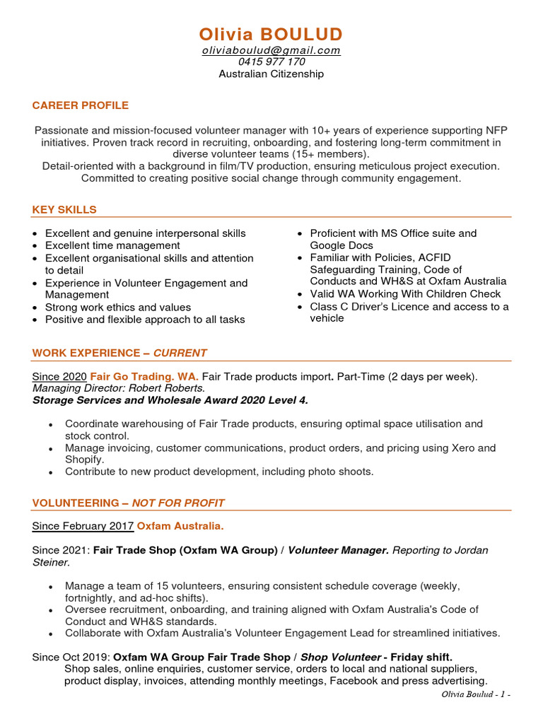 Olivia Boulud CV - TFL Programs Manager Perth | PDF