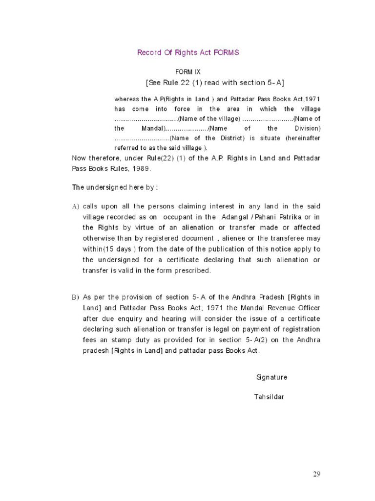 ROR - Pattadar Pass Book 1971 - Form - IX | PDF