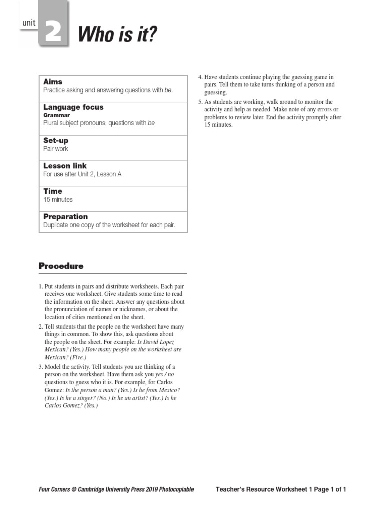 Four Corners Level 1 Unit 2 Who Is It Worksheet 1 | PDF | Linguistics