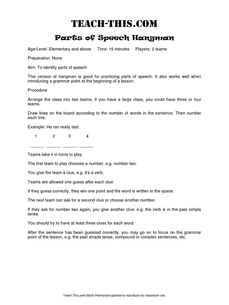 Parts of Speech Hangman | PDF