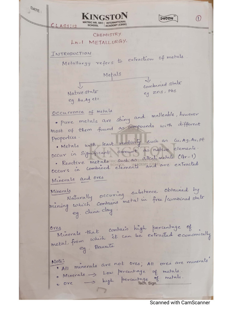 Class 12 Chemistry LN 1 Metallurgy | PDF