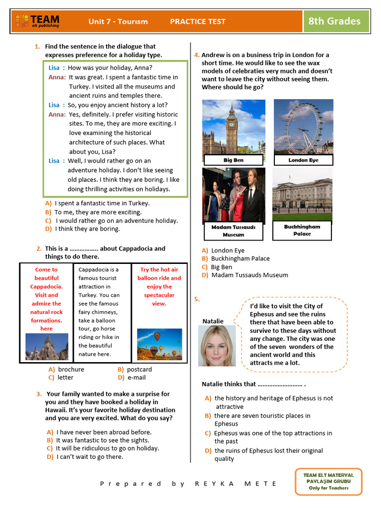 Tourism Practice Test for 8th Graders | PDF