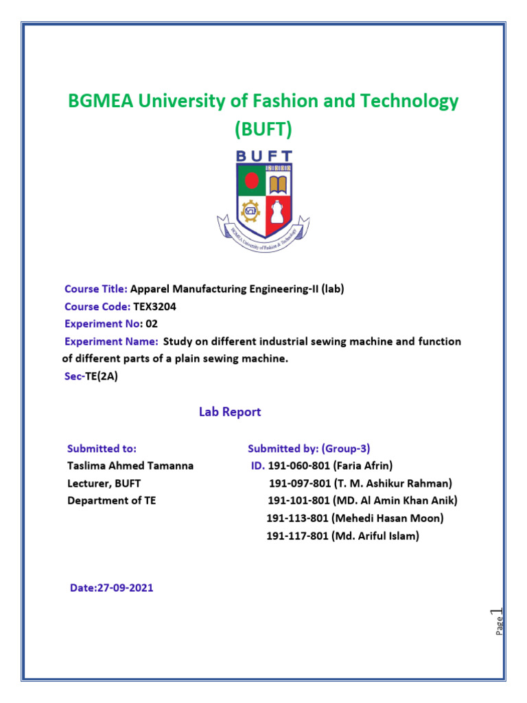 BGMEA University of Fashion and Technology (BUFT) : Course Title: Course Code: Experiment No ...