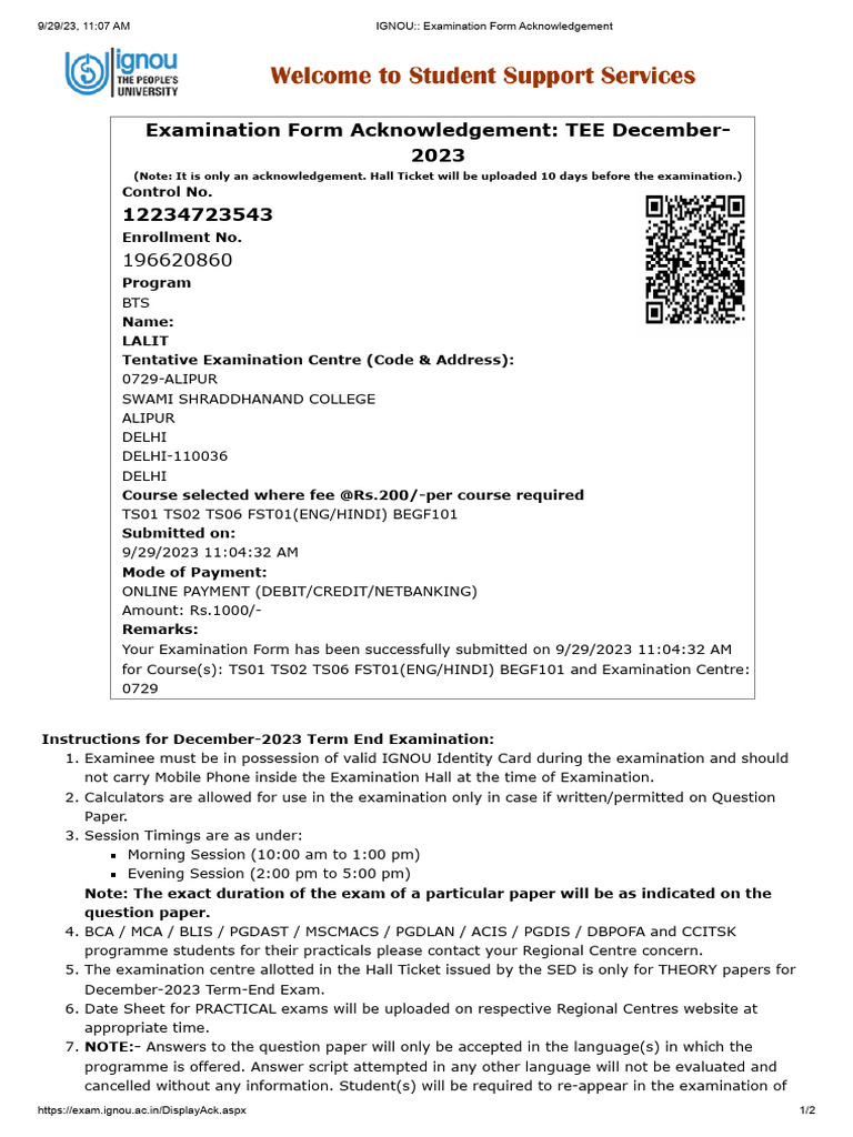 IGNOU - Examination Form Acknowledgement - PDF 2023 | PDF | Banking ...