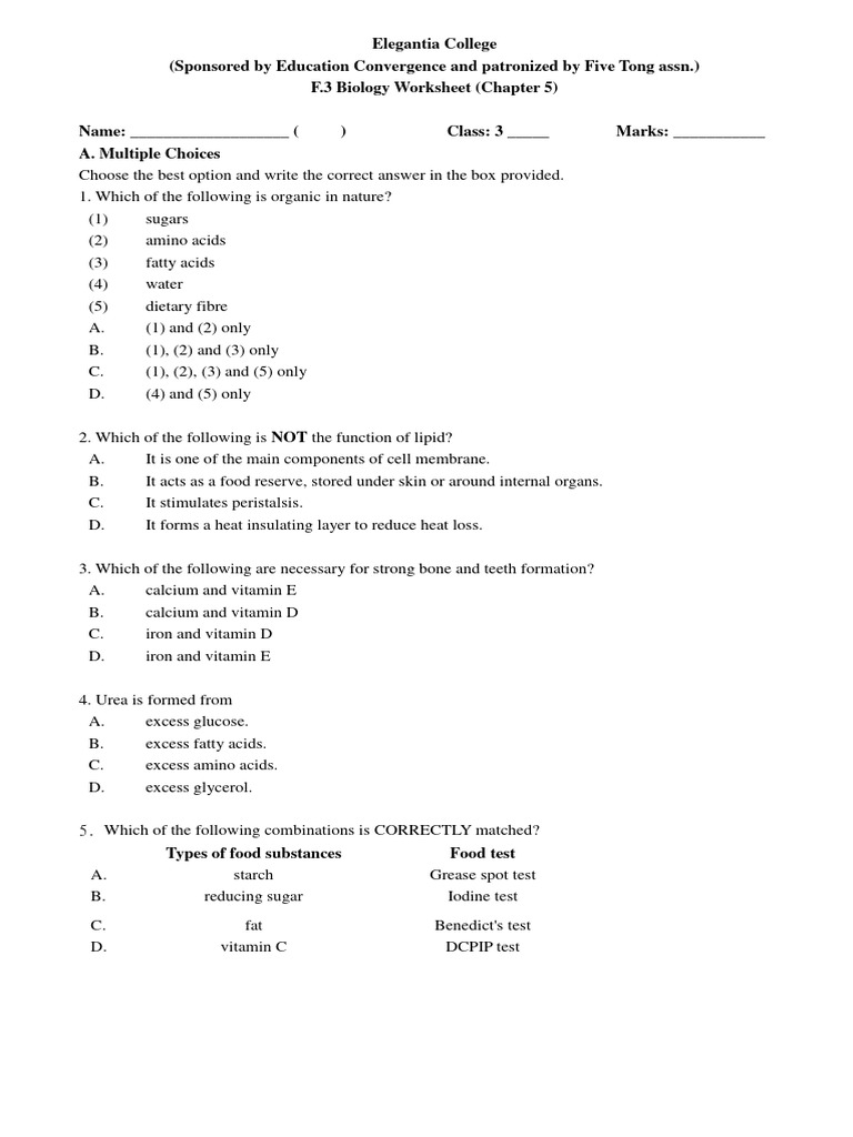 F.3 Biology Worksheet: Food Substances | PDF | Food Energy | Vitamin