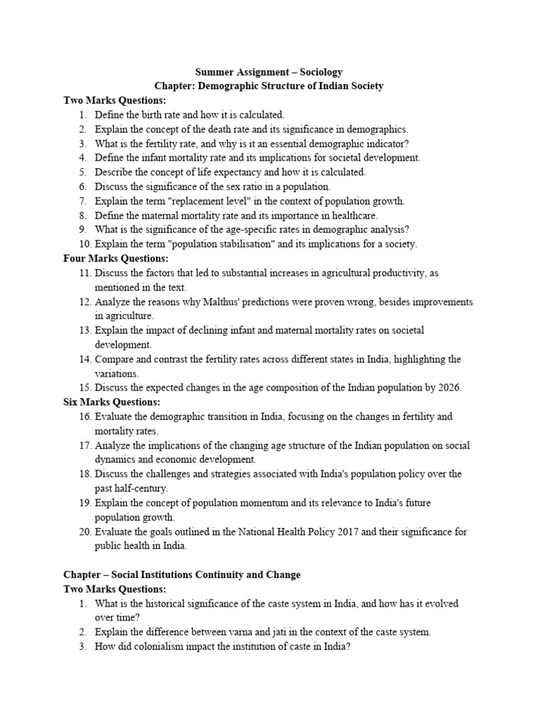 Summer Assignment-Sociology | PDF | Caste | Demography