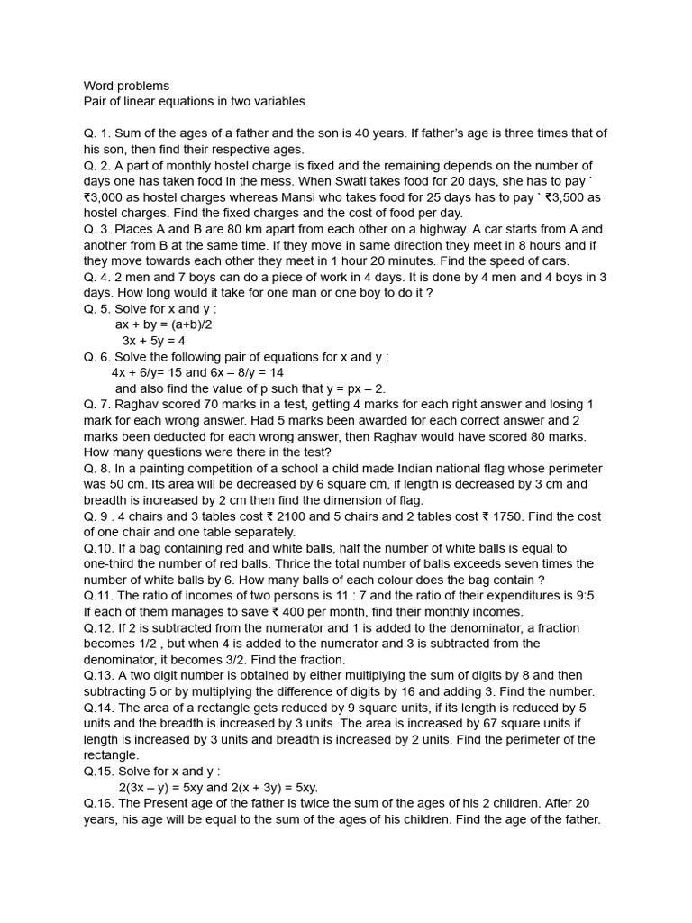 Cl-10 Word Problems (Linear Equations) | PDF | Area | Mathematics