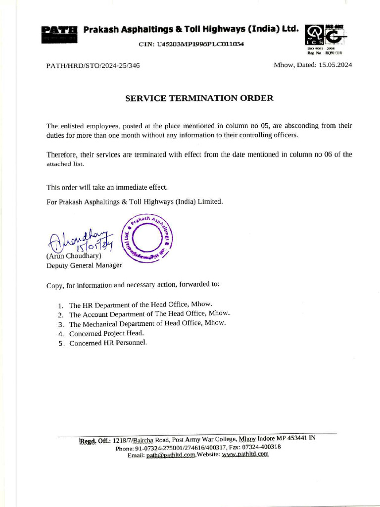 Service Termination Order No 346 Dated 15.05.2024 (31 Employees) | PDF