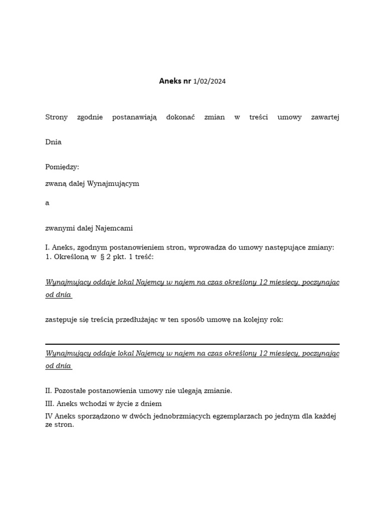 Aneks do umowy najmu wzor PDF