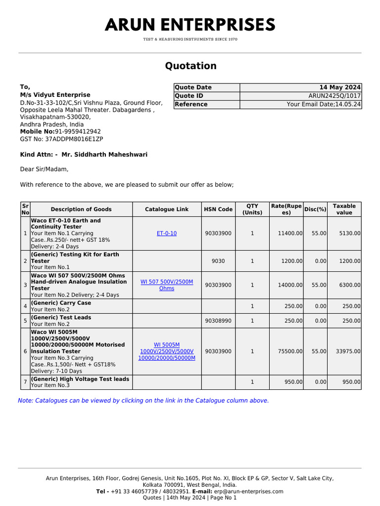 Quotation-ARUN2425Q - 1017-M - S Vidyut Enterprise | PDF