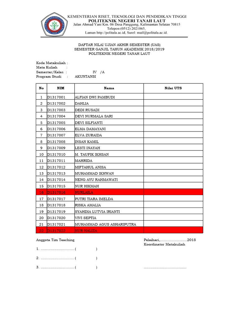 Daftar Nilai UAS dan UTS Akuntansi 2018 | PDF