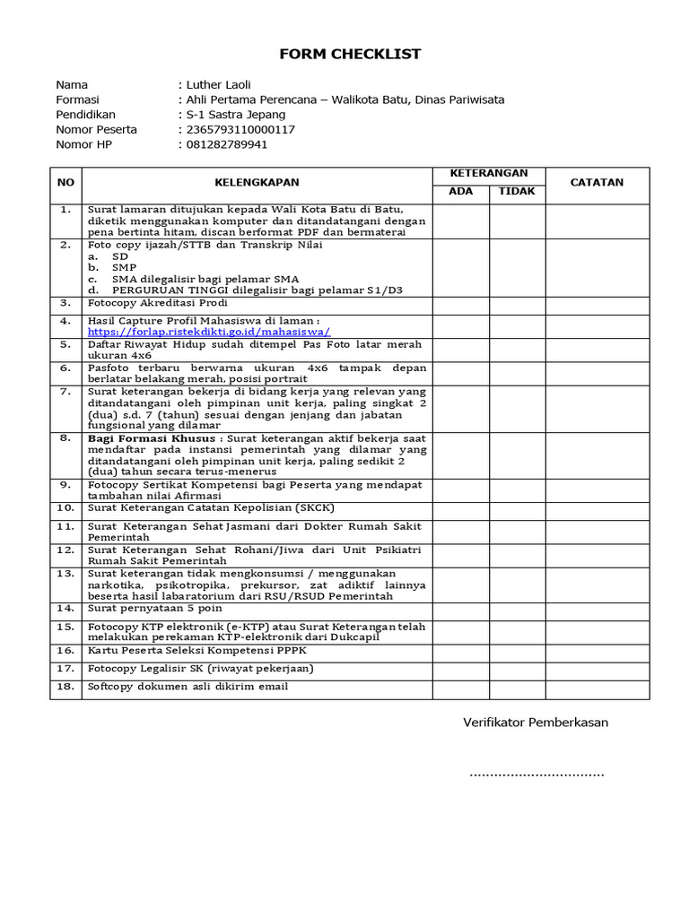 Checklist Kelengkapan Dokumen Lamaran | PDF
