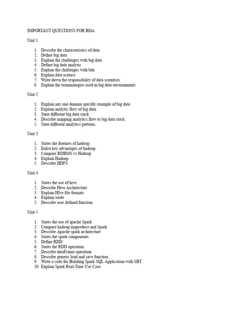 Important Questions For Bda | PDF