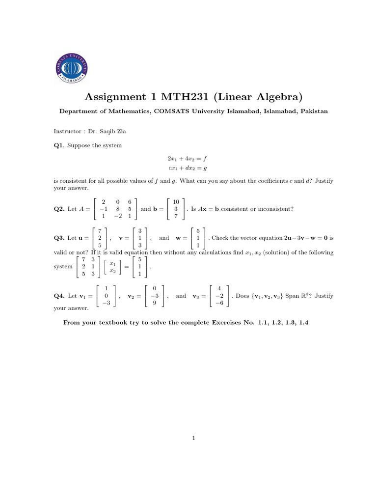 MTH231 Linear Algebra Assignment 1 | PDF