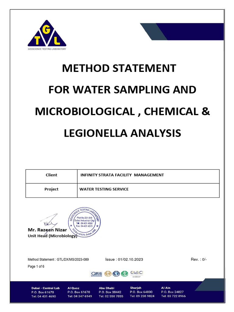 Method Statement Water Analysis - Infinity | PDF | Water