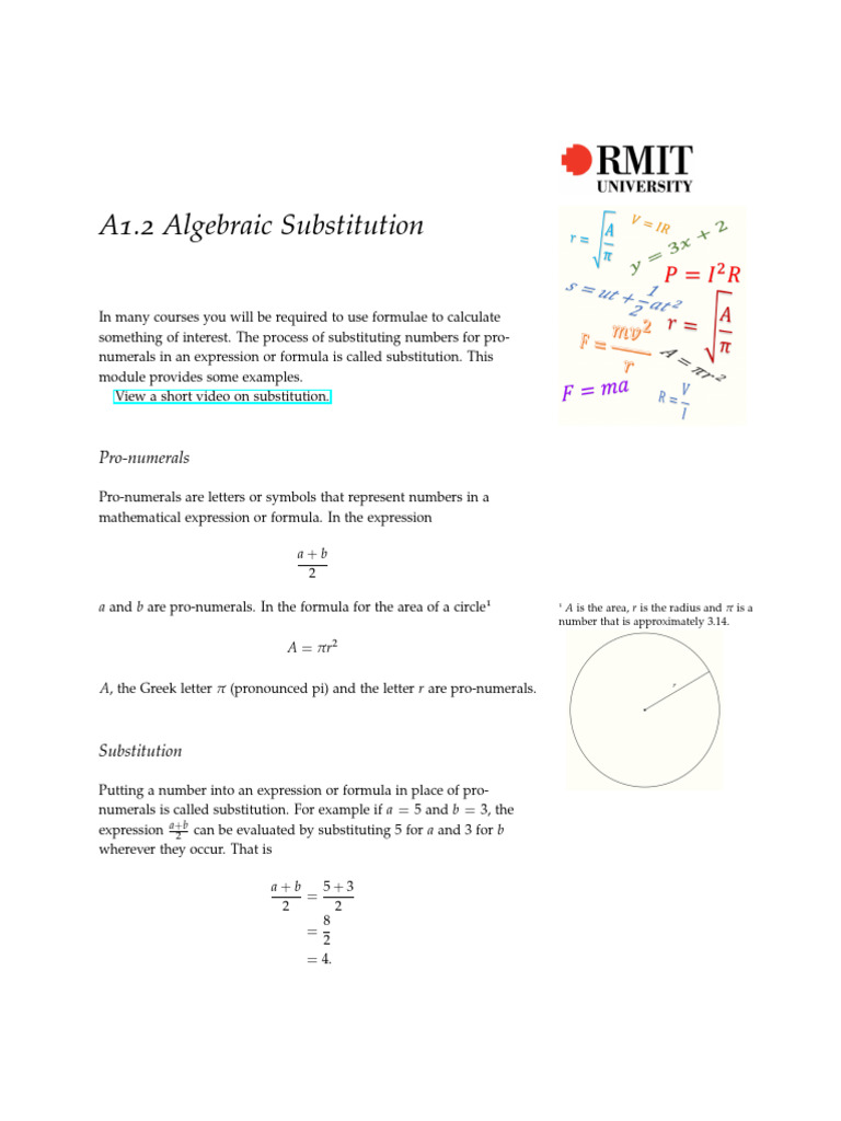 A1.2 Algebraic Substitution | PDF | Area | Formula