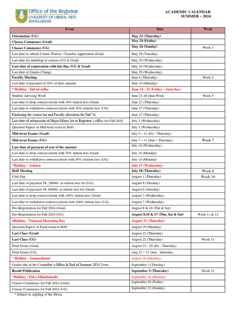 Academic Calendar Summer 2024 | PDF | Academic Term