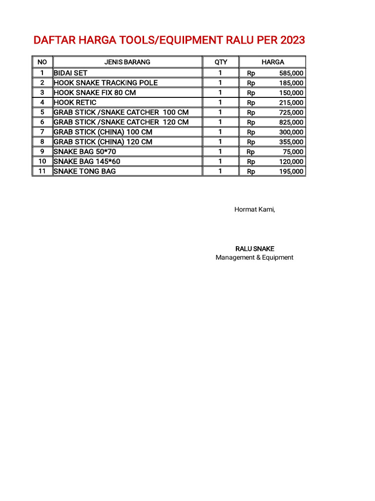Ralu Snake - Daftar Harga 2023 | PDF | Home & Garden | Wellness