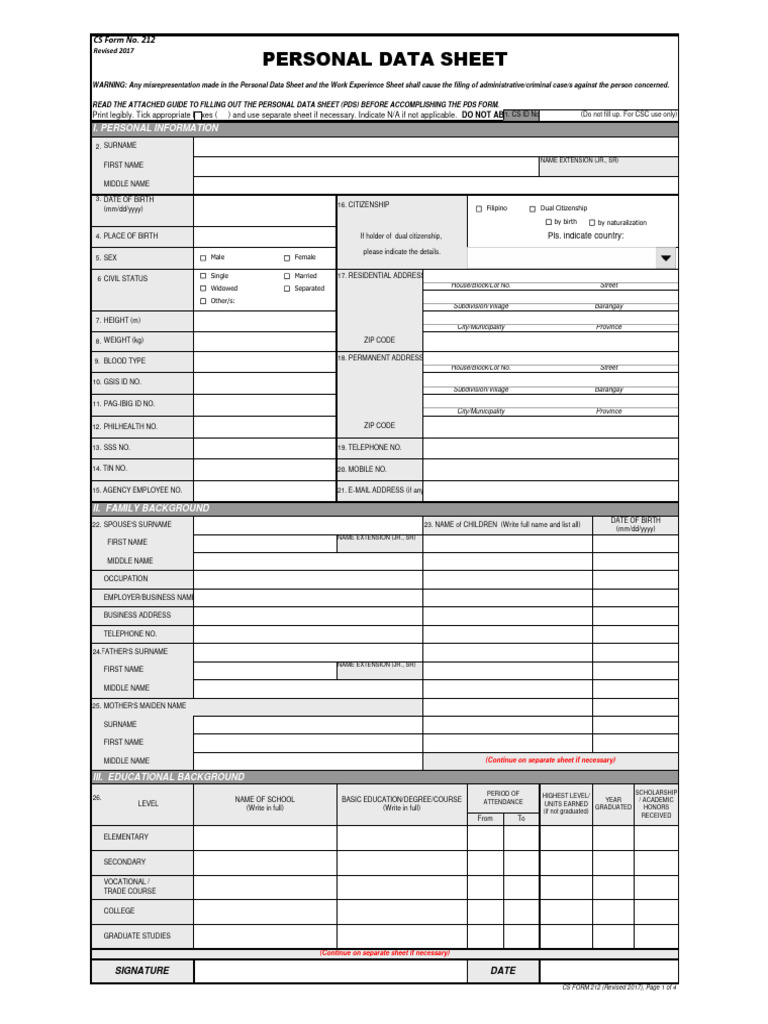 CS Form No. 212 Personal Data Sheet Revised | PDF